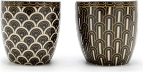 Porcelánová čajová souprava Art Deco, konvice 0,6 l – s bambusovým držadlem, se 2 šálky, art deco design, s nerezovým sítkem