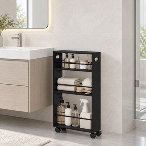 HOMCOM úzký pojízdný vozík se 3 policemi, 45 × 15 × 80 cm, černý