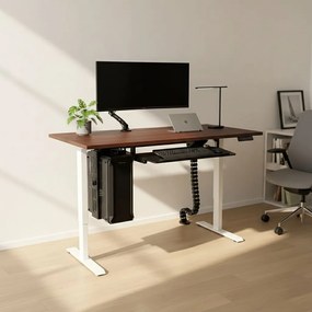 Výškově nastavitelný stůl OfficeTech B, 140 x 80 cm, bílá podnož, ořech