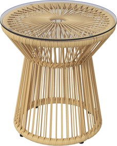 Outsunny Kulatý boční stolek ze syntetického ratanu s temperovaným sklem a kovovým rámem, 30 kg nosnost, pro patio, zahradu, balkon Ø40x42 cm Béžová |