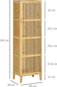 HOMCOM Bambusová skříňka na uskladnění se 4 úrovněmi a designem s lamelovými dveřmi pro koupelnu, ložnici a obývací pokoj 40 x 30 x 140 cm | Aosom