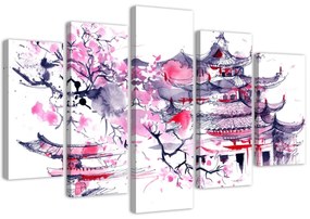 Obraz na plátně pětidílný Japonská růžová krajina - 100x70 cm