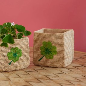 rice Úložný košík Raffia Square Clover - set 2 ks, zelená barva, přírodní barva