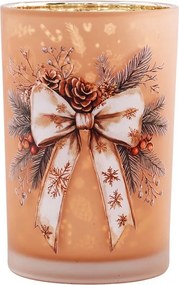 Elegantní vánoční skleněný svícen s mašlí L – Lososový - Ø 12*18 cm
