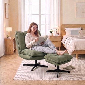 HOMCOM Lounge křeslo s podnožkou, otočné o 360°, potah z kordury, nastavitelná opěrka nohou, zelené