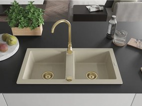 Mexen Mario, granitový dřez 820x436x161 mm, 2-komorový, béžová se zlatým sifonem, 6504822000-69-G