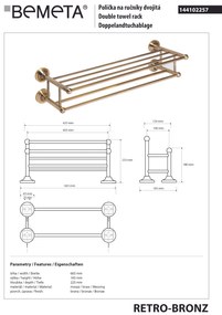 Bemeta Design RETRO bronz: Držák ručníků s hrazdou, 605 mm -