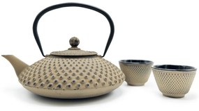 Litinová čajová souprava Xilin, konvice 1,25 l – hnědá, japonský design, se 2 šálky, s nerezovým sítkem