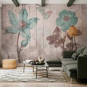 Fototapeta Motýli a květiny - rostlinný motiv na bílém dřevěném pozadí