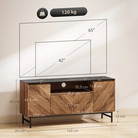 HOMCOM TV stolek pro TV až do 65 palců, nábytek z dřeva s otevřenou přihrádkou a průchodkou pro kabely, efekt mramoru, 140x39x66 cm, ořech