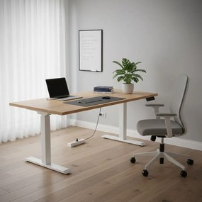 Výškově nastavitelný stůl OfficeTech D, 180 x 80 cm, bílá podnož, dub kraft