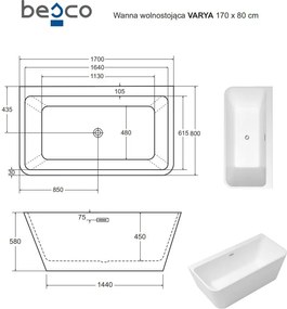 Besco Varya volně stojící vana 170 x 80 cm zlatý sifon akrylát bílá VANVARYA170Z