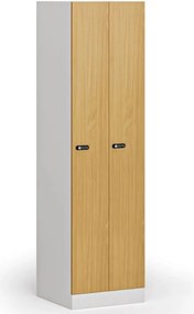 Zúžená kovová šatní skříňka S1, 2 oddíly, 1850 x 500 x 500 mm, mechanický kódový zámek, laminované dveře, buk