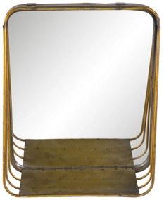 Zlaté čtvercové zrcadlo v kovovém rámu s dřevěnou poličkou Gold - 26*11*32 cm