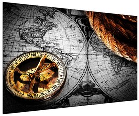 Historický obraz mapy světa a kompasu (120x80 cm)