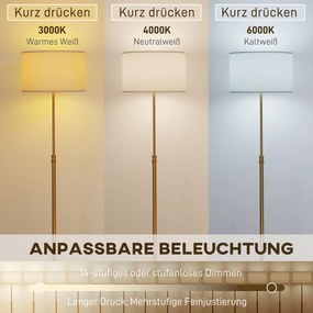 HOMCOM Stojací lampa s dálkovým ovládáním, výškově nastavitelná, látkové stínidlo, kovový stojan, nastavitelná jas, nožní spínač, zlatá barva
