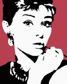 zuty malování podle čísel - audrey hepburn na červeném pozadí, 80x100 cm, bez rámu a bez vypnutí plátna