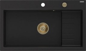 Mexen Omar granitový dřez 1-komorový 800 x 480 mm, černý, zlatý sifon - 6520801005-77-G