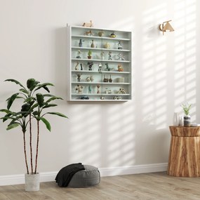 HOMCOM nástěnná vitrína na sběratelské předměty, 80 × 9,5 × 83 cm, 6 nastavitelných polic, 2 posuvné skleněné dveře, bílá — pro figurky a modelová au…