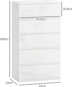 HOMCOM 5-zásuvkový komoda Moderní komoda se systémem proti převrhnutí pro obývací pokoj a chodbu 55x33x100 cm lesklá bílá