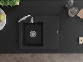 Mexen Ben, 1-komorový granitový dřez 600x500x190 mm, levý+ chromový sifon, černý, 6522605000-77