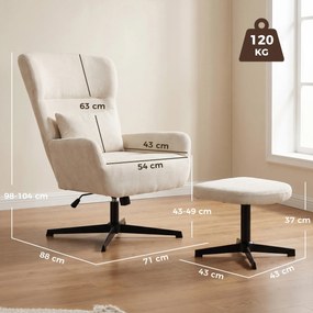 HOMCOM 360° otočné lounge křeslo s podnožkou, výškově nastavitelné, potah z chenille, s bederním polštářem, krémově bílé 83F-010V00CW