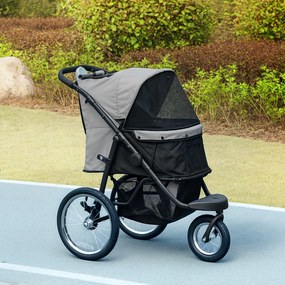 PawHut kočárek pro psy a jogger pro malé psy a kočky do 10 kg se 3 velkými gumovými koly, síťovanými okny a bezpečnostními pásy, Šedá