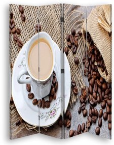 Ozdobný paraván, Rozptýlená kávová zrna - 145x170 cm, čtyřdílný, obustranný paraván 360°