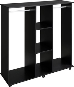 HOMCOM Skříň s kolečky - Oblečení, Skříň s závěsnou tyčí, Otevřené police, Organizér do ložnice 120x40x128cm Černá | Aosom