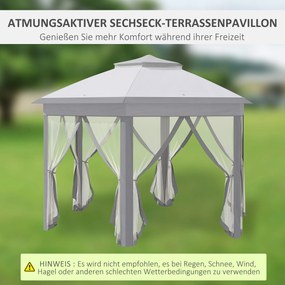 Outsunny skládací pavilon 4 x 4 m Šestiúhelníkový design Sítě proti hmyzu, voděodolná ventilační střecha pro grilovací párty Šedá+Bílá