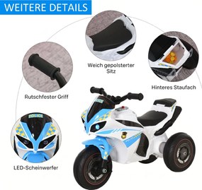 HOMCOM Dětská závodní motorka s hudebními a světelnými efekty a úložným prostorem Modrá Bílá