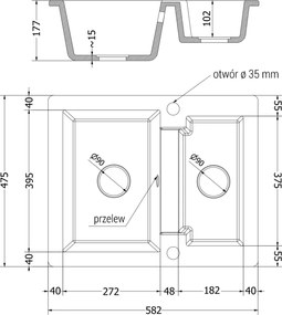 Mexen Carlos, granitový doez 582x475x177 mm, 1,5-komorový, eerná-zlatá metalíza s eerným sifonem, 6518581500-75-B
