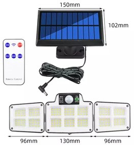 HJ Solární LED světlo s čidlem pohybu, dálkovým ovládáním a třemireflektory