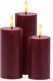 LED svíčky z pravého vosku dobíjecí Bordeaux, sada 3 ks, výška 10/12,5/15cm, ø 5 cm, vínová, bez stanice