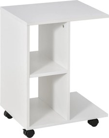 HOMCOM Moderní Malý Boční Stolek C-Tvaru s Kolečky a Otevřenými Policemi pro Obývací Pokoj a Ložnici 45x35x58 cm Bílý