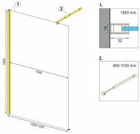 Rea Aero, sprchová zástěna typu Walk-In 120cm, 8mm čiré sklo, zlatý lesklý profil + polička a věšák EVO, KPL-K8443