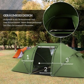 Tunelový stan pro 4-6 osob, kempinkový stan s dveřmi, podlážka, 2000 mm vodotěsná zelená barva