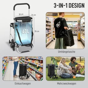 HOMCOM Nákupní vozík, 40 l Oxford taška, 3-kolové provedení, hliníkový rám, sedadlo, Šedá