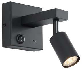 Moderní černá nástěnná lampa s USB-C, naklápěcí - Rex