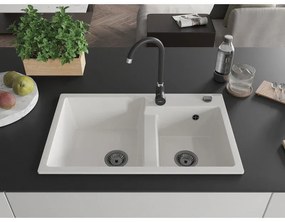 Mexen Tomas, granitový dřez 800x500x190 mm, 2-komorový, bílá s černým sifonem, 6516802000-20-B