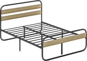 HOMCOM Dvoulůžko 140 x 190 cm, kovový rám v industriálním stylu, čelo a nožní část včetně roštu, dřevěný vzhled