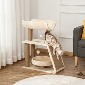 PawHut škrabadlo pro kočky malé 76 cm s míčkem a hrazdičkou, vnitřní šplhací věž s pelíškem a škrabací deskou, světle hnědá pro kočky do 5 kg | Aosom…