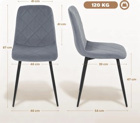 HOMCOM Sada 4 moderních jídelních židlí potažených sametem se ocelovými nohami do obývacího pokoje 45x54x87 cm Šedá
