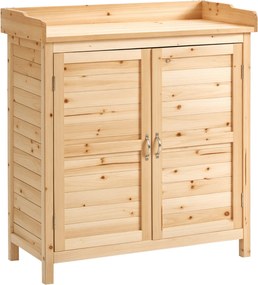 Dřevěný zahradní skříň Outsunny - Úložný shed s 2 dveřmi, policí a zdviženými nohami pro terasu a patio 83x40x92 cm - Přírodní | Aosom