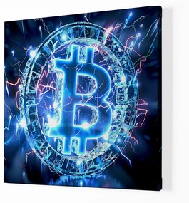 Obraz na plátně - Bitcoin, modré zářící logo FeelHappy.cz Velikost obrazu: 140 x 140 cm