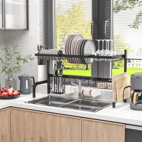 HOMCOM Sušák na nádobí, dvouúrovňový stojan na sušení nádobí, sušák o rozměrech 51-93 cm s háčky, odkapávač pro kuchyňský dřez, nerezová ocel, černý