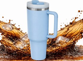 VERK Velký nerezový termohrnek se slámkou a držadlem – 1,2 l - světle modrý