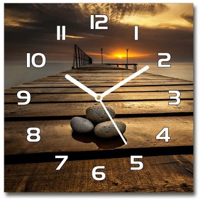 Wallmuralia Skleněné hodiny čtverec Dřevěné molo 30x30 cm