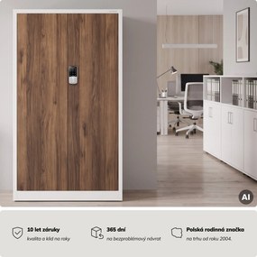 Kovová kancelářská skříň se zámkem na kód bílá, ořech, 900x1850x400 mm: DANIEL Eco Design