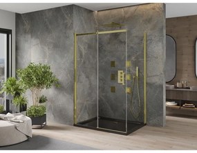 Mexen Omega, sprchový kout s posuvnými dveřmi 100 (dveře) x 80 (stěna) cm, 8mm čiré sklo, zlatý profil + slim sprchová vanička černá + zlatý sifon, 825-100-080-50-00-4070G